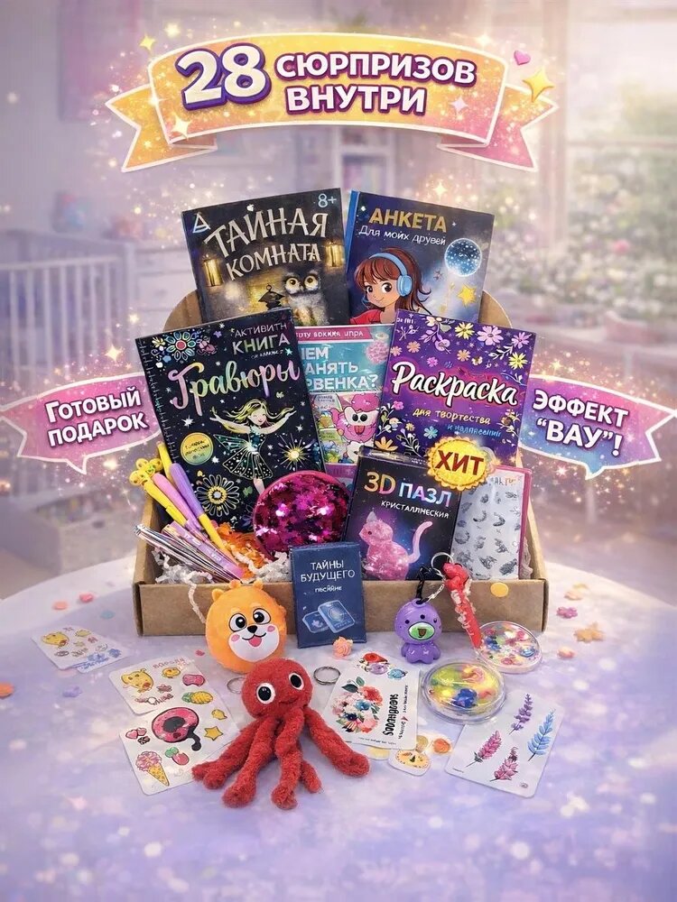 Подарочный набор для девочки 28 предметов Fun Box: бокс с сюрпризами для творчества и канцелярия, подарок дочке на день рождения 7-12 лет, квест-книга и 3D пазл