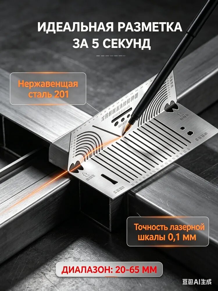 Шаблон для разметки квадратных труб 20-65 мм, угловой разметочный инструмент для сварщика, лекало для скругления и углов 45/90 градусов, нержавеющая сталь