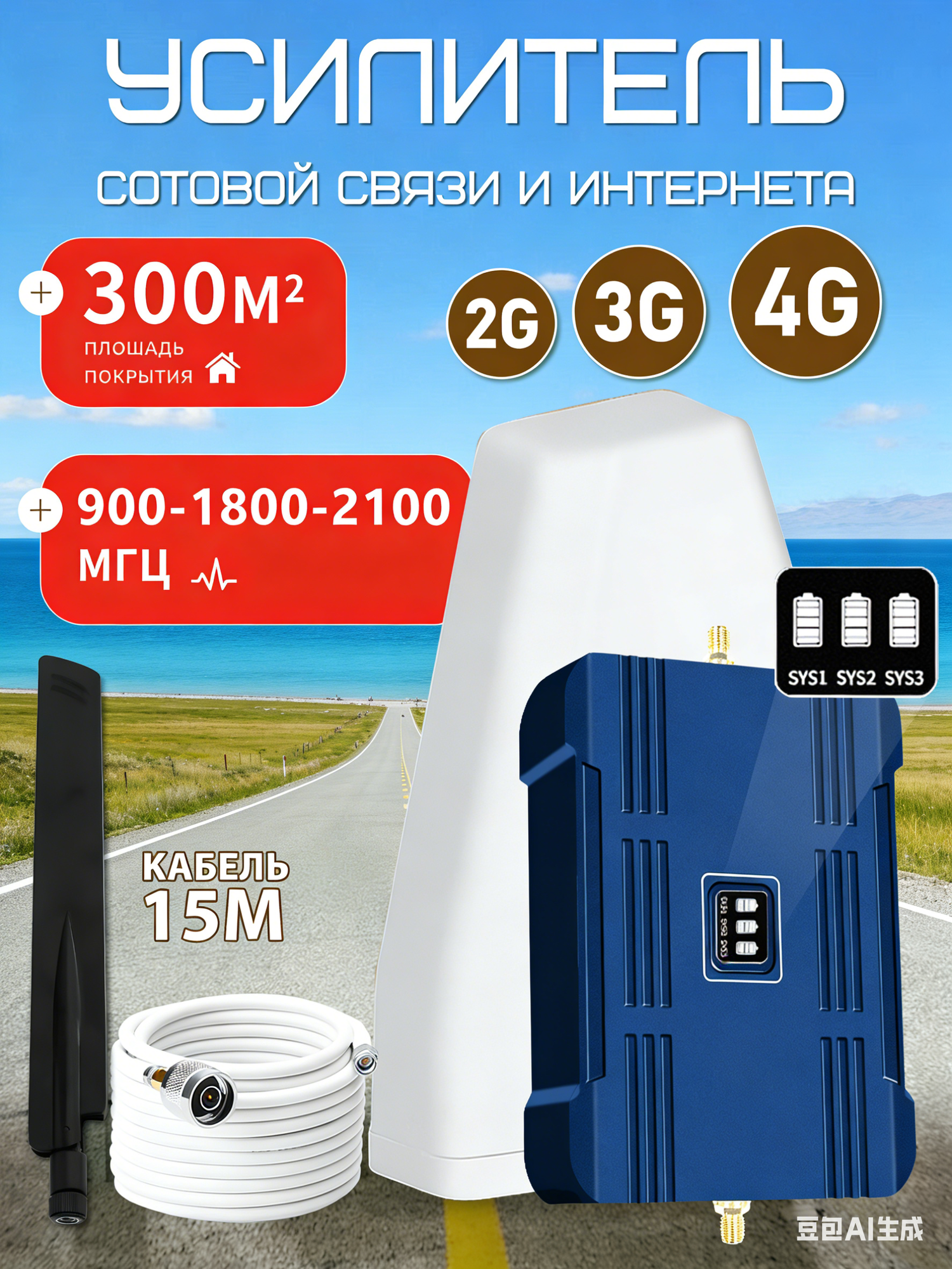 Усилитель сотовой связи 900/1800/2100 МГц (2G/3G/4G): до 70 км, направленный, синий, 1.3 кг