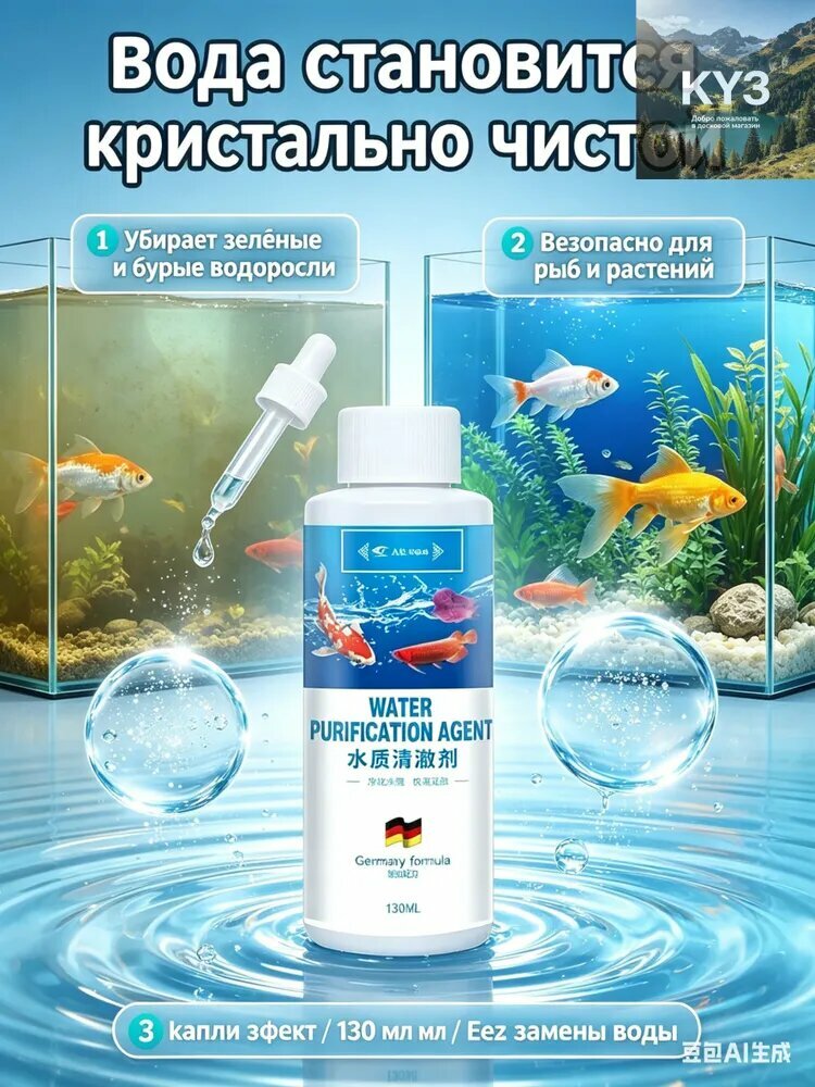 Очиститель воды для аквариума 130мл-против водорослей и помутнения, безопасный для рыб и растений, средство дл