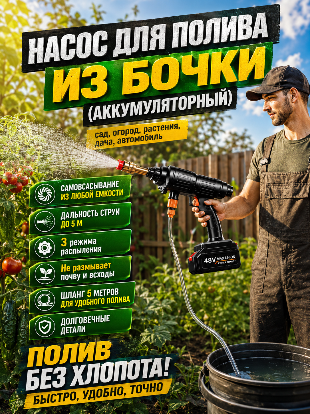 Насос аккумуляторный для полива из бочки, 48V