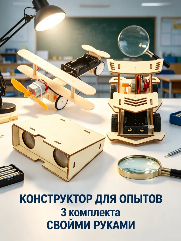 3 набора самодельных деревянных моделей для научных экспериментов: деревянный автомобиль, телескоп, самолет