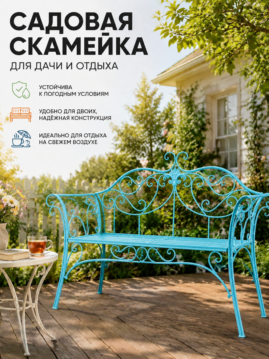 Двухместное кресло для отдыха на свежем воздухе, синий, 133×51×89 см, для зоны барбекю и балкона