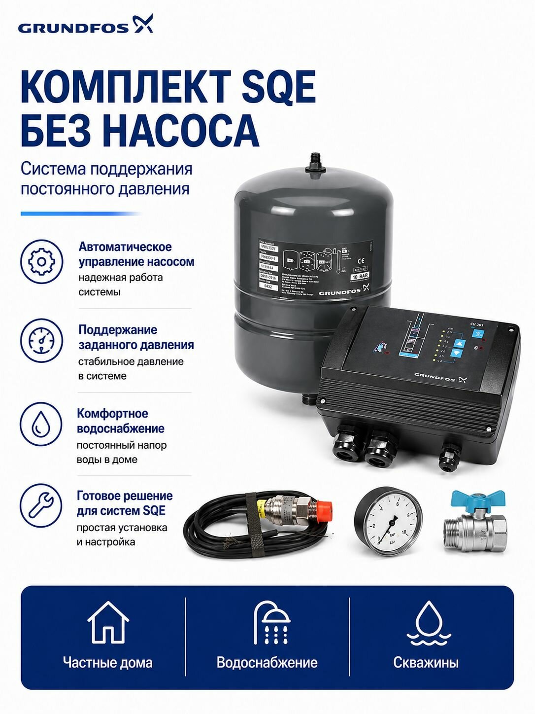 Комплект для поддержания постоянного давления без насоса SQE Grundfos,