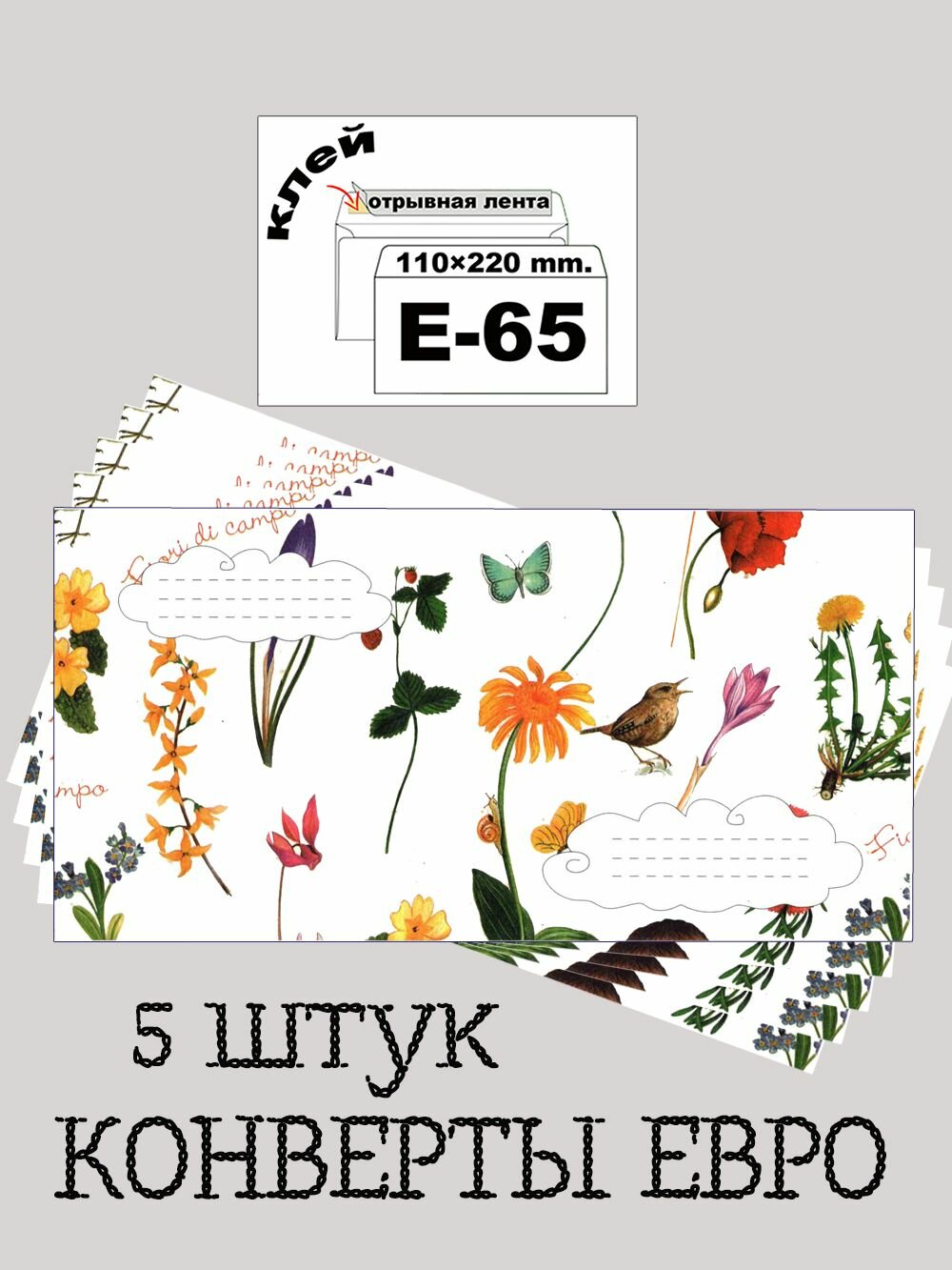Цветные евро Е-65 конверты 5 штук