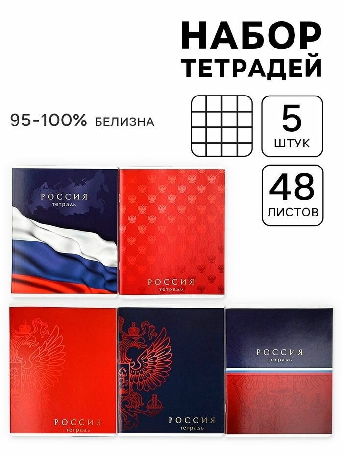 Тетради в клетку, 48 л, набор из 5 шт, блок №1 Россия