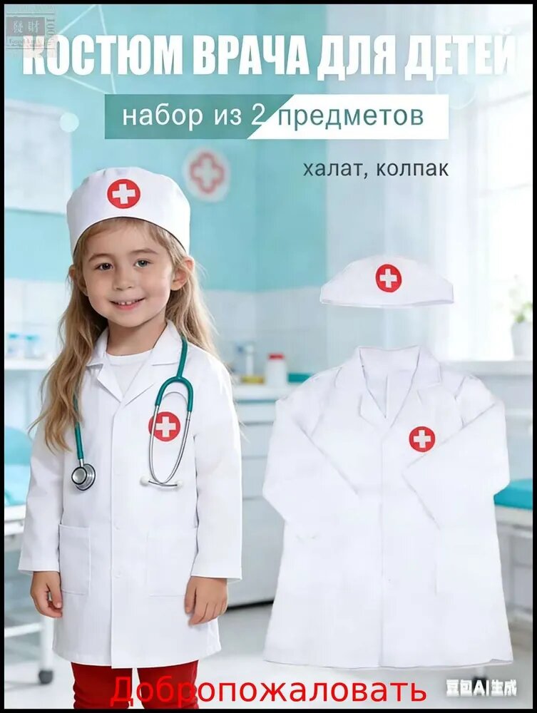 Детский карнавальный костюм врача набор из 2 предметов: халат, колпак.