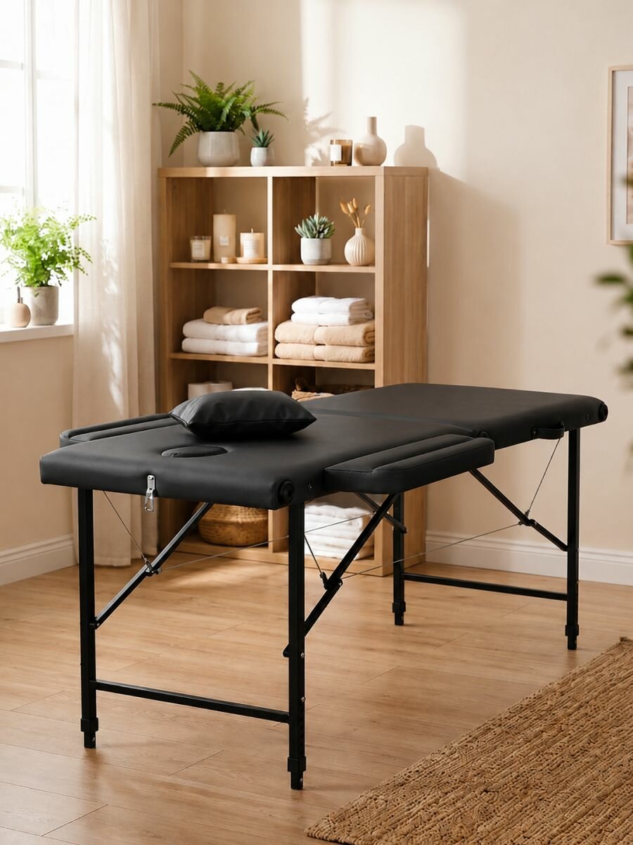 Массажный стол складной с регулировкой высоты Massagecomplekt, 180*60, c подлокотниками, черный