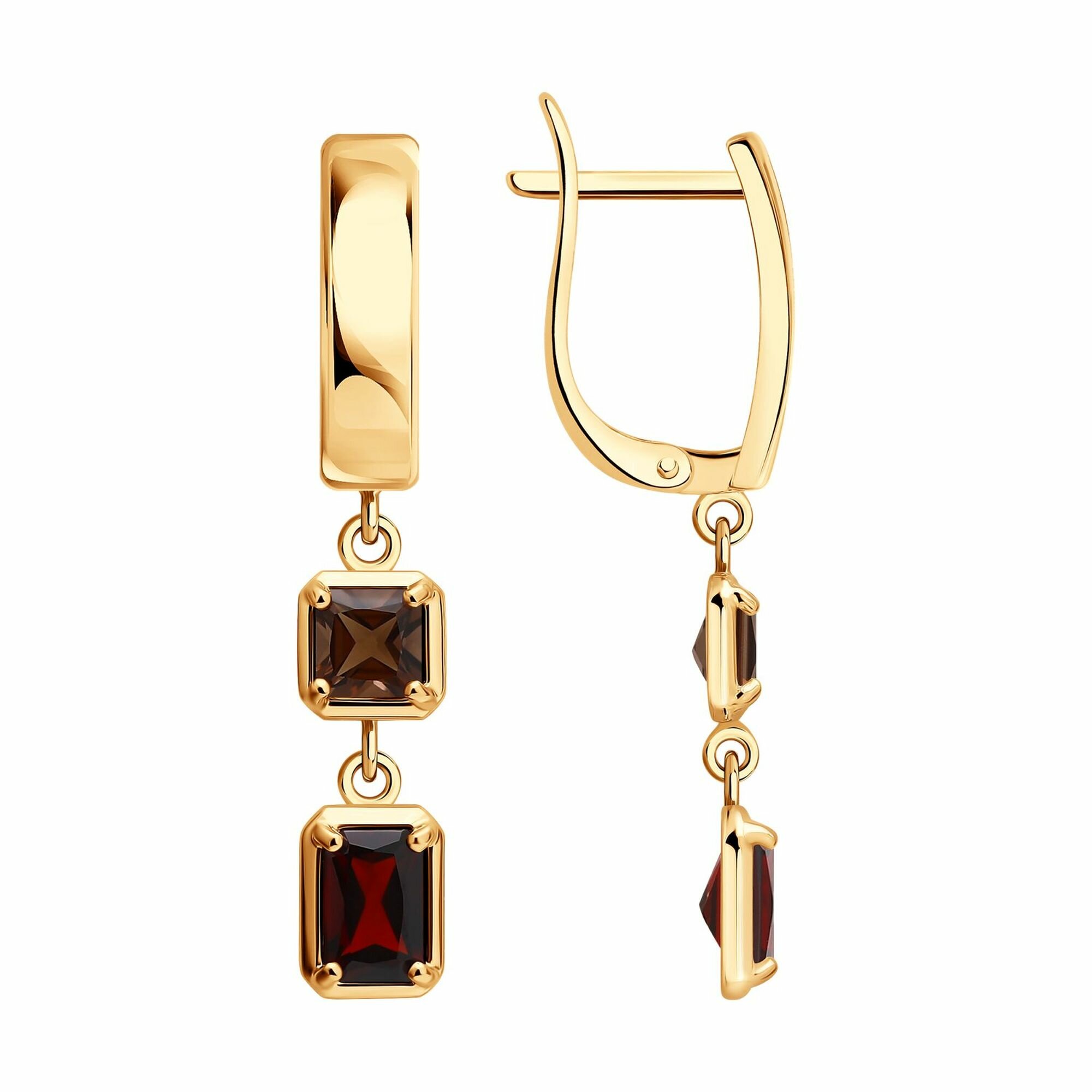 Серьги, серебро, 925 проба, золочение, гранат, раухтопаз