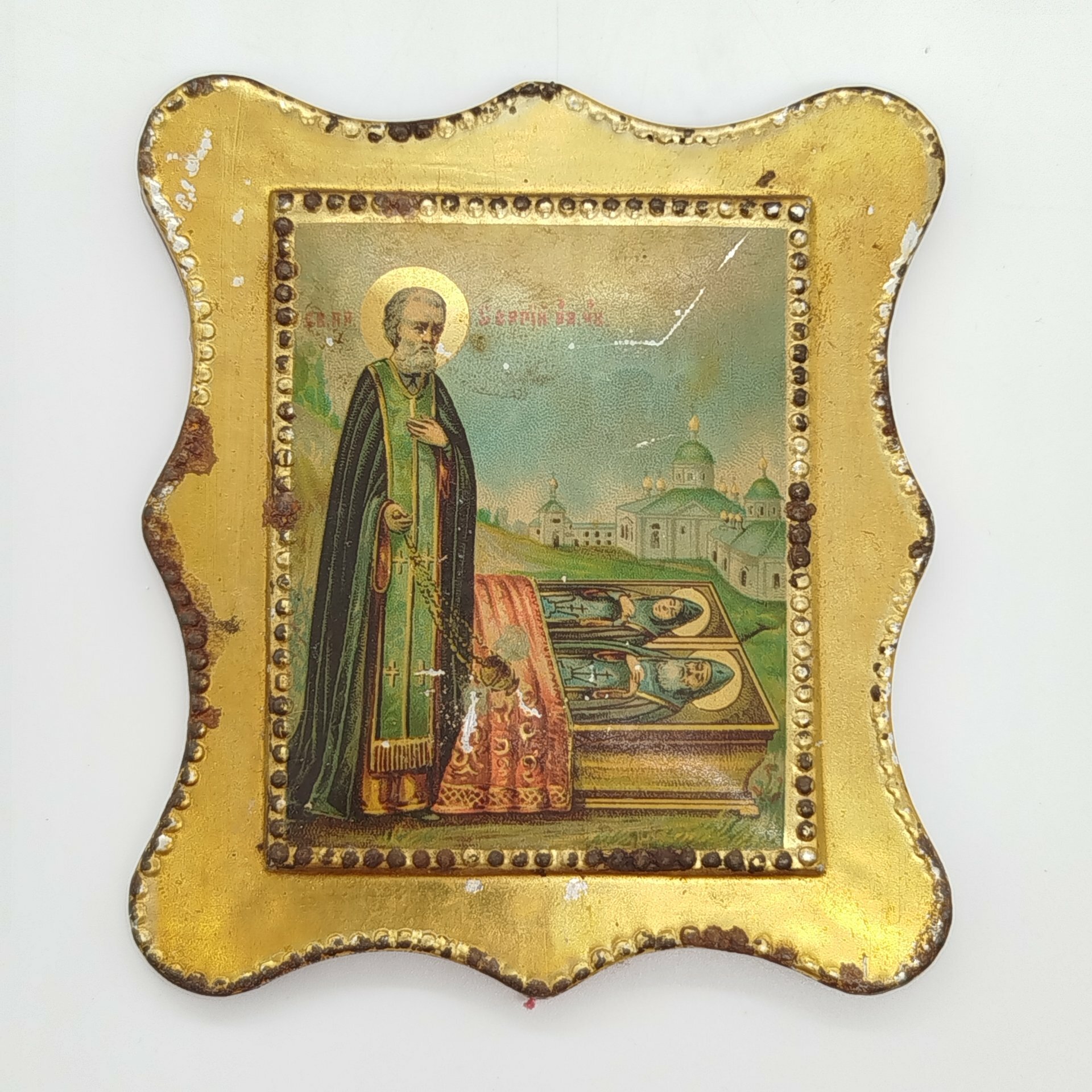 Икона "Преподобный Сергий Радонежский у гробов родителей", жесть