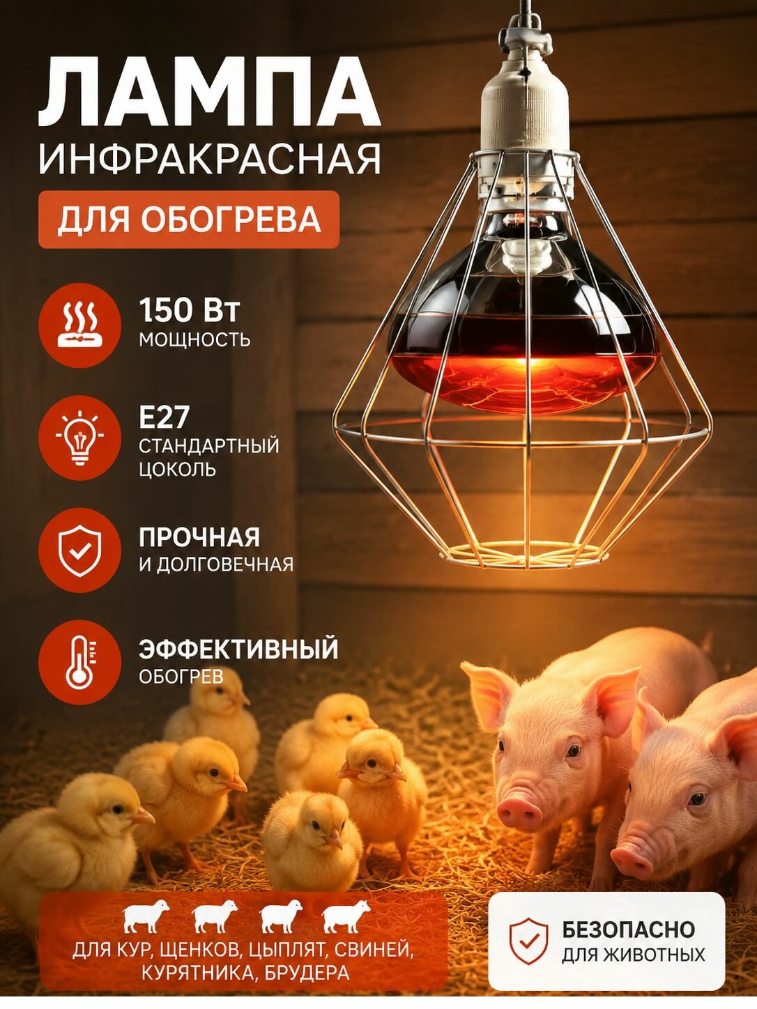 Лампа инфракрасная 150Вт Е27 для обогрева кур, щенков, цыплят, свиней, курятника, брудера/ Лампочка галогенная дл
