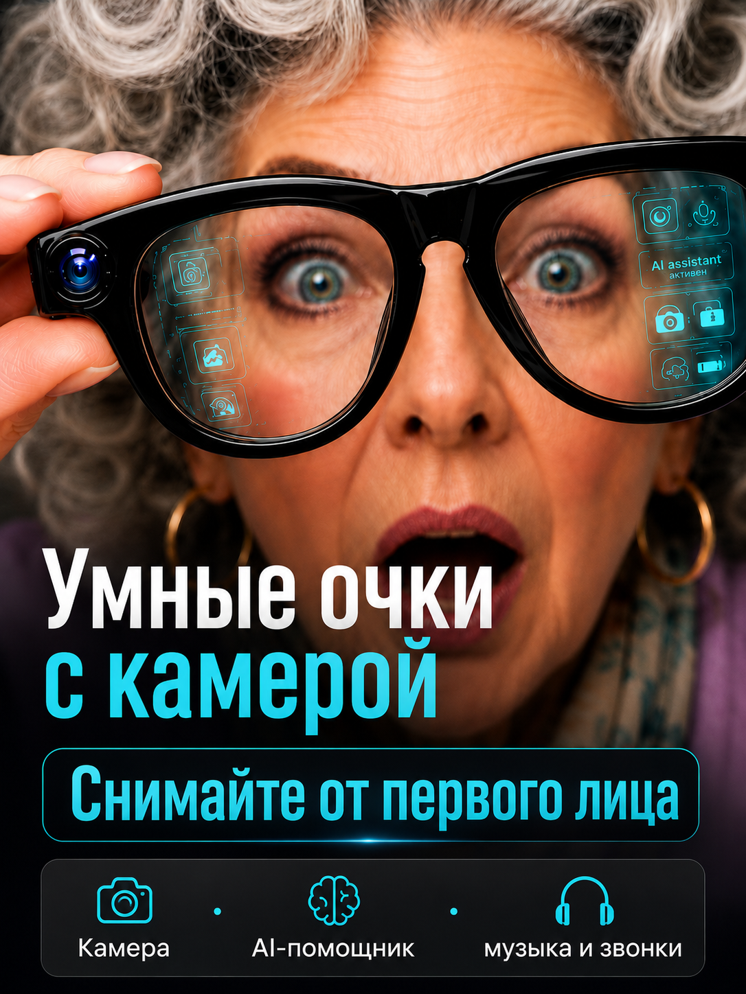Умные смарт очки с камерой HD 1080p и искусственным интеллектом
