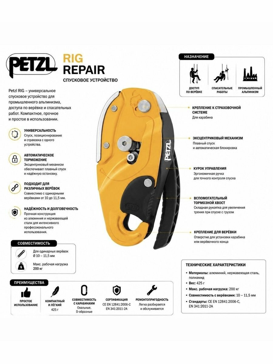 Компактное спусковое устройство PETZL RIG repair С возможностью замены деталей, с функцией автоматической блокировки для альпинизма