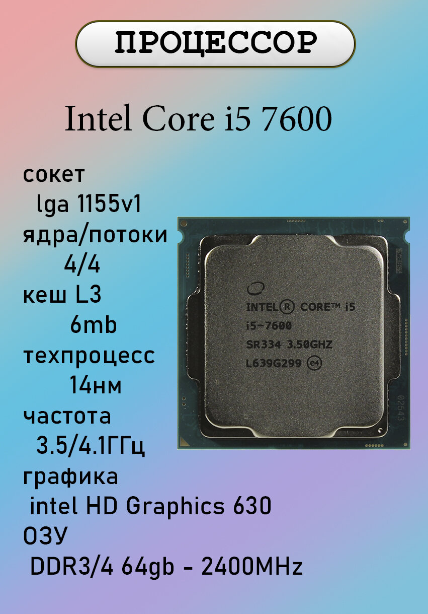 Процессор Intel Core i5-7600 3,5 ГГц четырехъядерный четырехпоточный Процессор 6 Мб 65 Вт LGA 1151