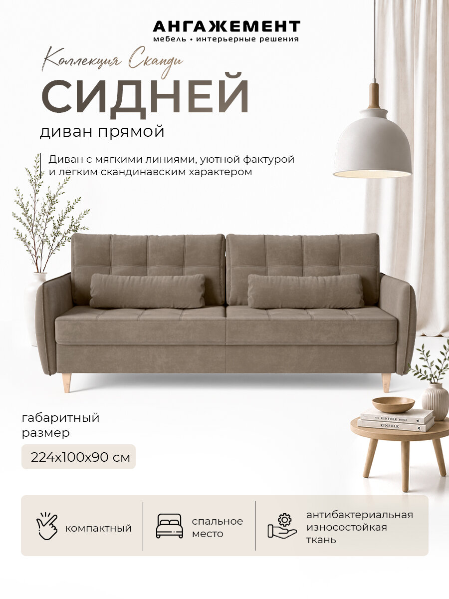 Диван прямой раскладной 224x100см Сидней, компактный диван-кровать, механизм пантограф
