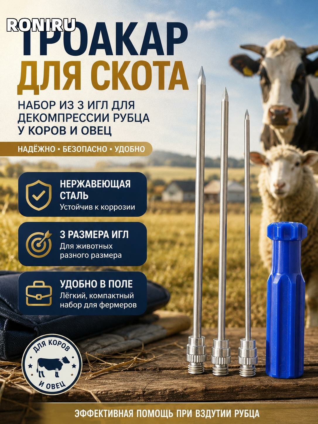 Троакар для скота из нержавеющей стали — набор из 3 игл для декомпрессии рубца у коров и овец, для фермеров в поле