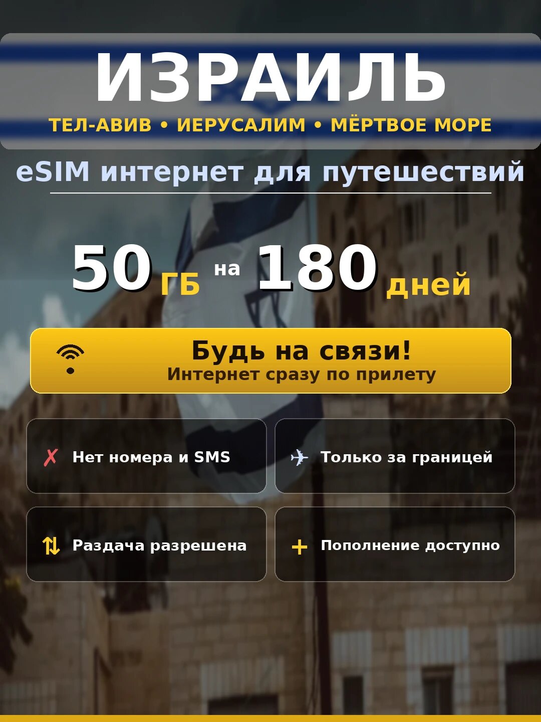 ESIM Израиль — мобильный интернет 50 ГБ на 180 дней | виртуальная SIM-карта для путешествий