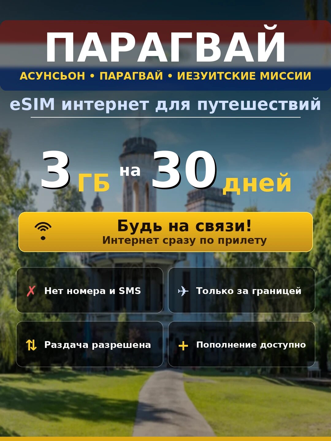 ESIM Парагвай — мобильный интернет 3 ГБ на 30 дней | виртуальная SIM-карта для путешествий