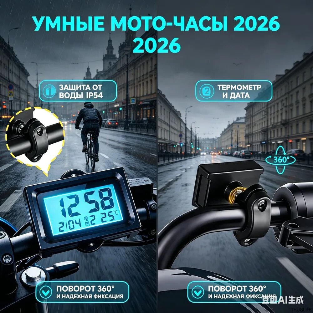 Часы для мотоцикла и велосипеда, электронные LED-часы на руль с подсветкой и термометром - водонепроницаемые IP54, ударопрочный спидометр-аксессуар.