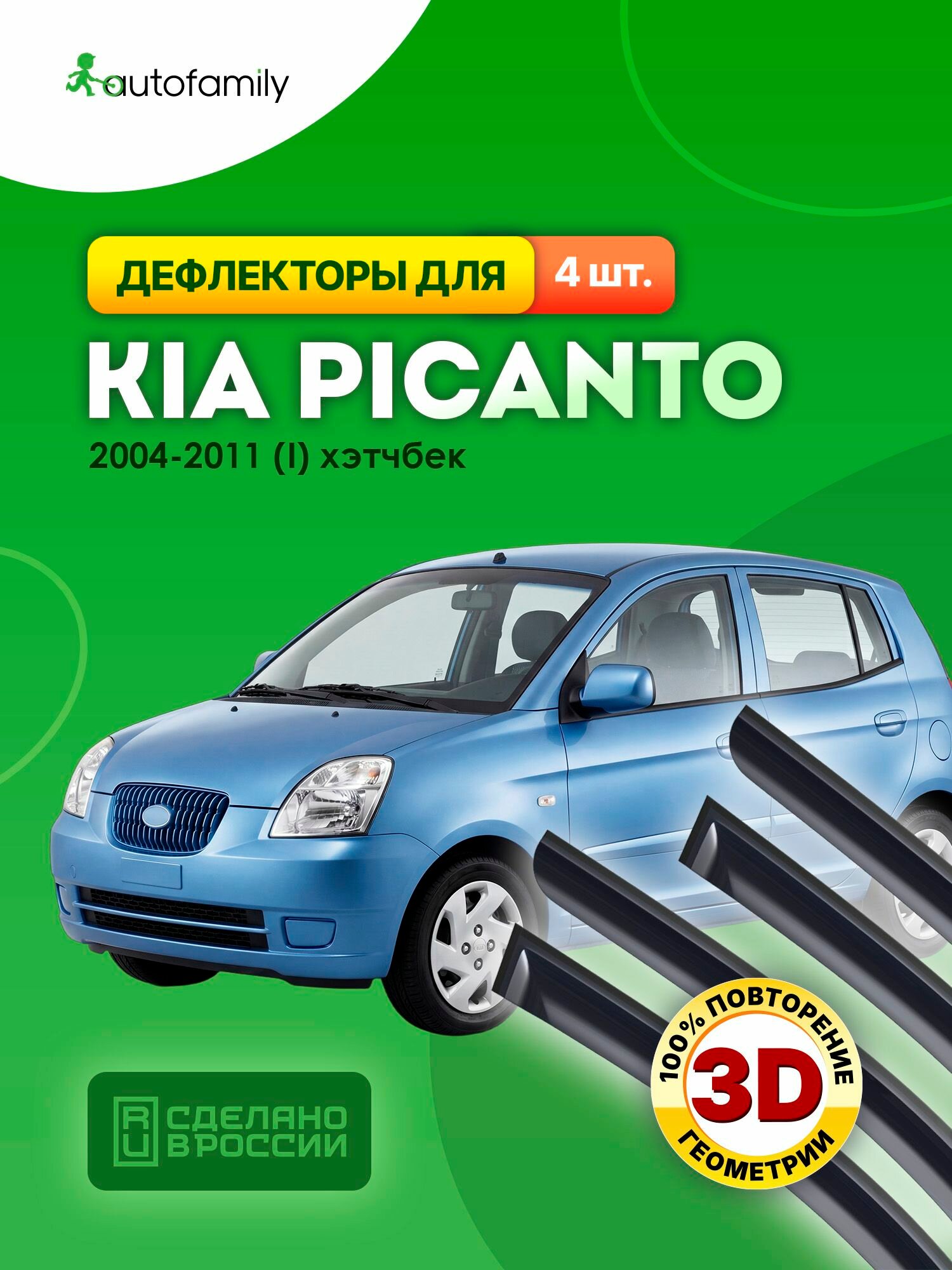 Дефлекторы окон для KIA PICANTO 2004-2011 (I) хэтчбек 5 дв. REIN 4 шт. / Киа Пиканто