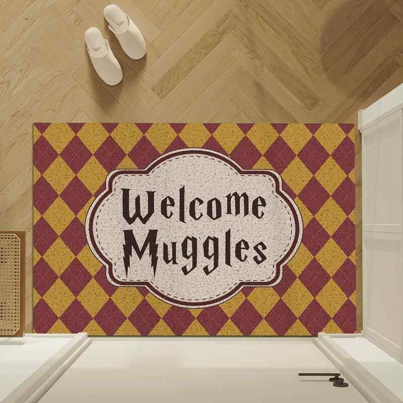 Коврик для входа с надписью "Welcome Muggles" и желто-красным ромбовидным узором, для дома, ковер 60x90cm