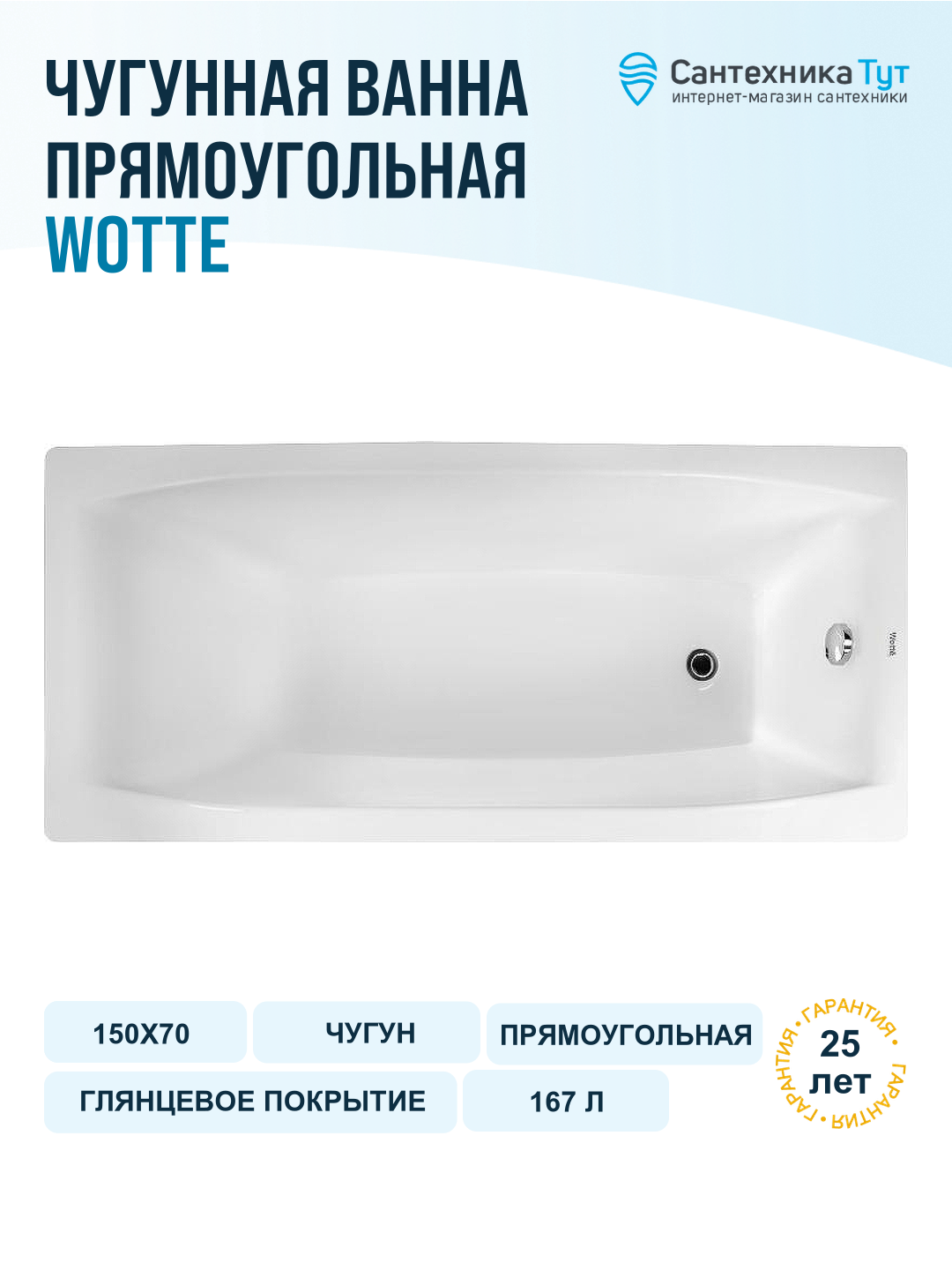 Чугунная ванна Wotte Forma 150x70 БП-э00д1470 без антискользящего покрытия