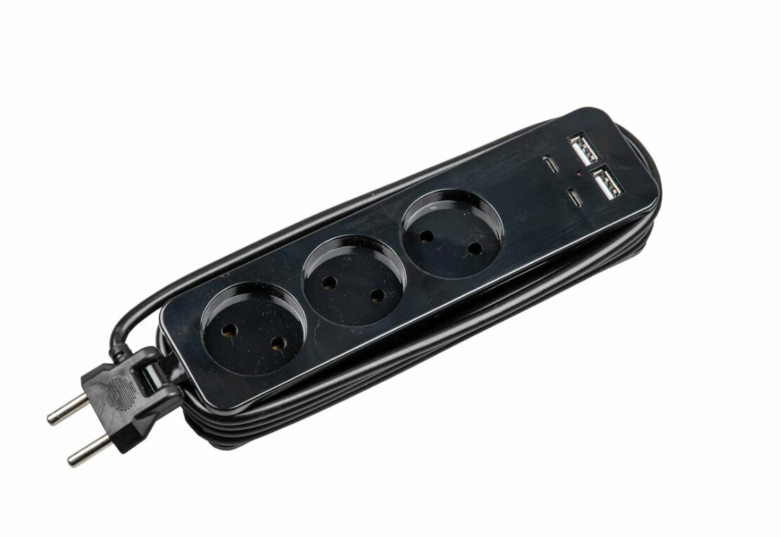 Удлинитель S-CT3-1,8UC BLACK Travel, шнур 1,8м, 3 гнездa, 10A, б/з, 2USB+2TYPE C(3,1A) черный UL-0