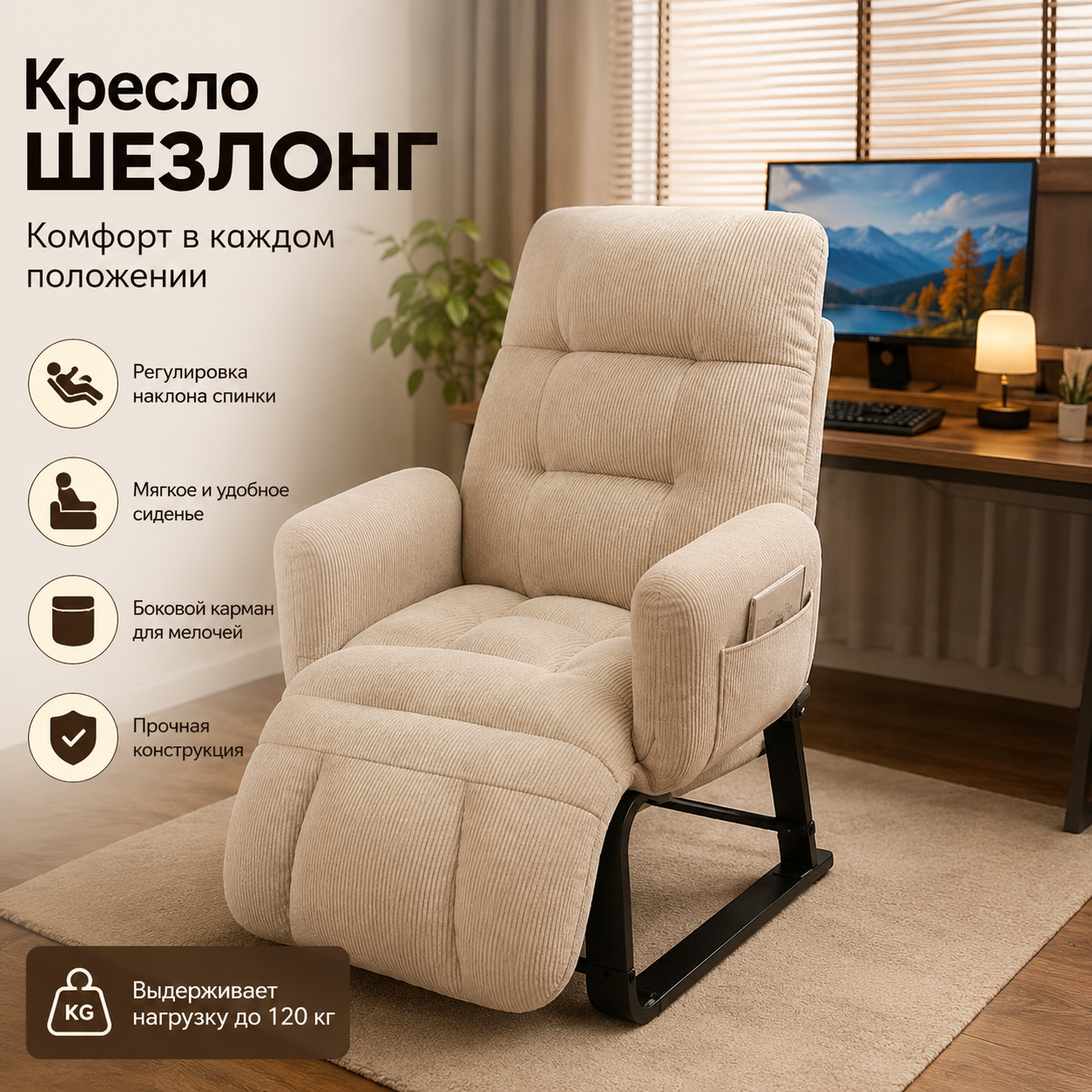 Кресло для отдыха, светло-бежевое, вельветовое, с жесткими подлокотниками, 1 шт