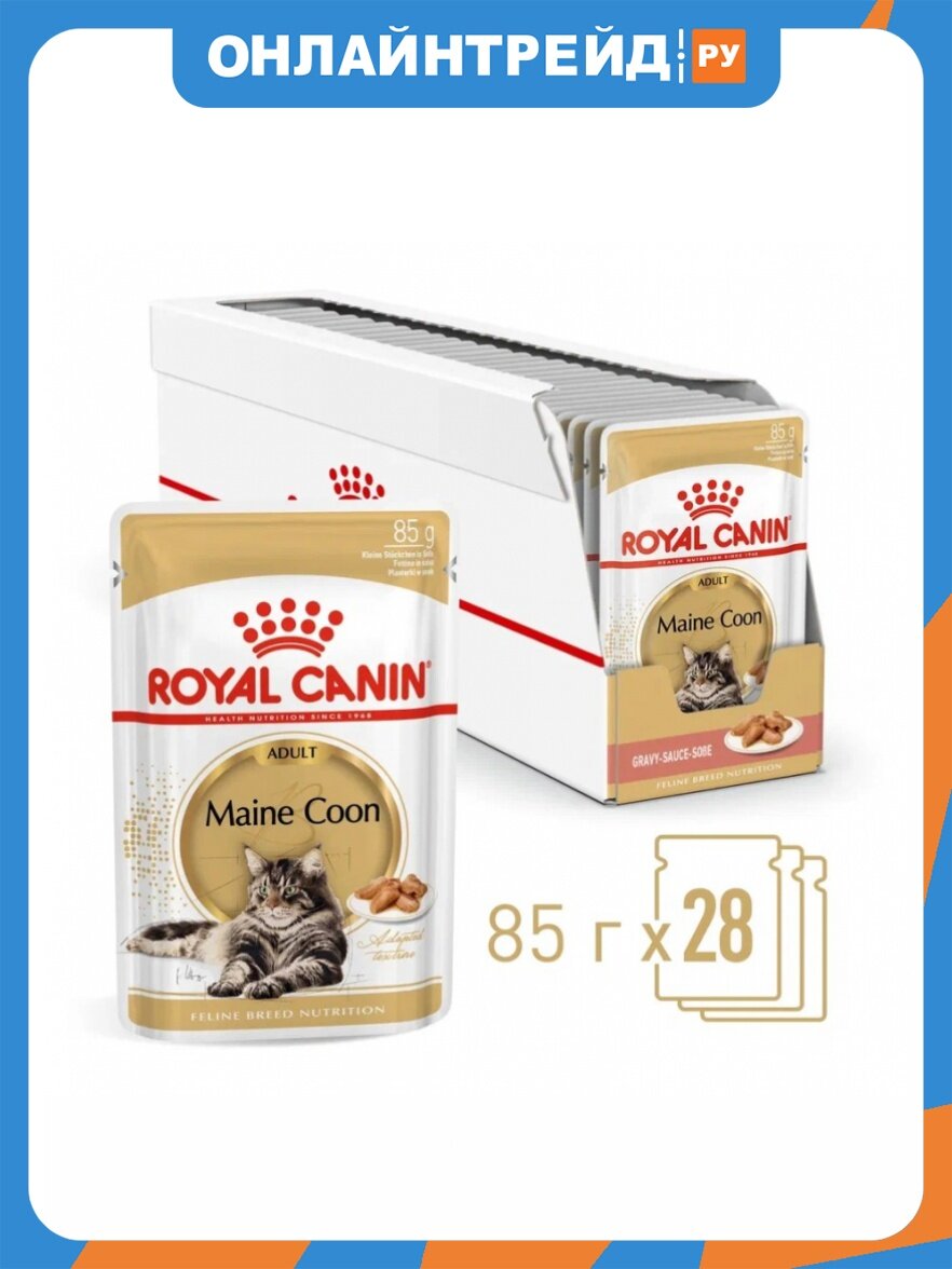 Корм влажный Royal Canin MAINE COON ADULT для взрослых кошек породы Мейн-кун кусочки в соусе 28 шт * 85 г