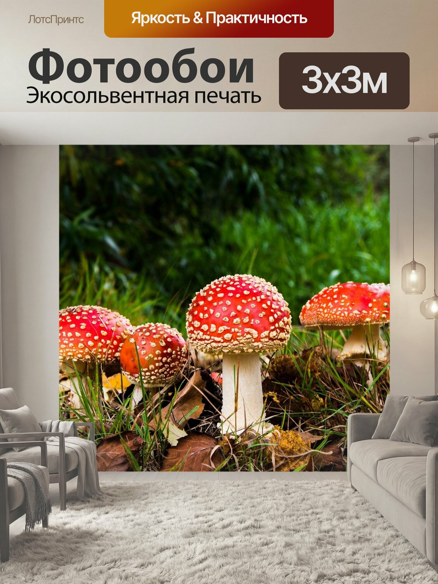 Фотообои "Мухомор, грибы, лесные грибы" 300x300 см. экосольвентная печать