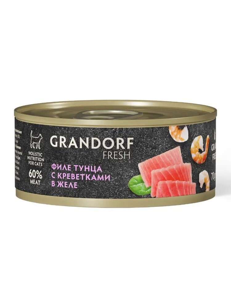 GRANDORF FRESH Влажный корм для кошек, филе тунца с креветками в желе - 6 шт* 70 г