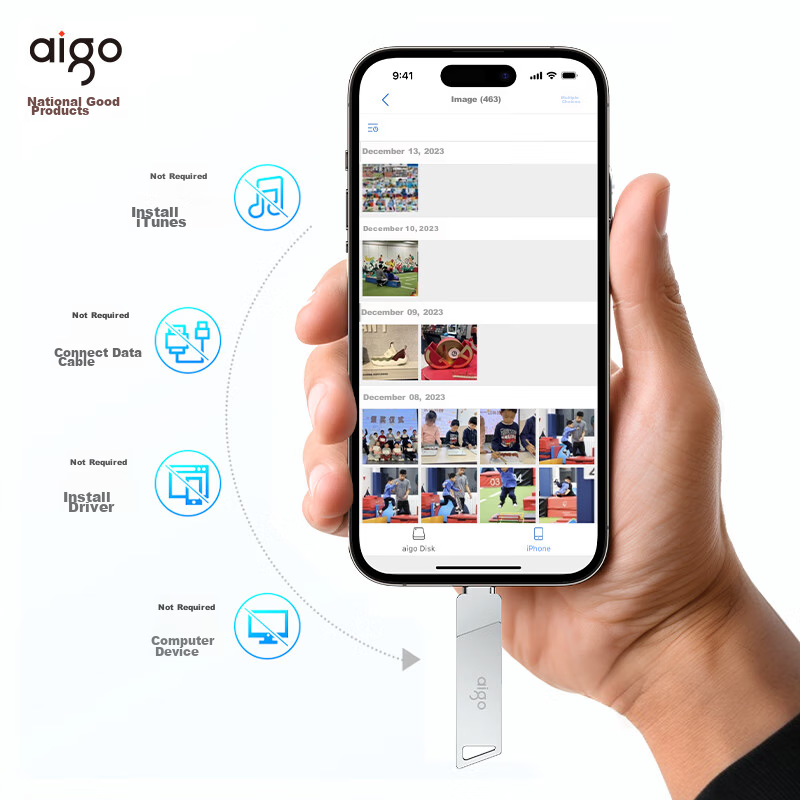 Aigo 256GB Lightning USB3.0 флеш-накопитель для iPhone 14, iPad 9 и более старых моделей с поддержкой компьютеров