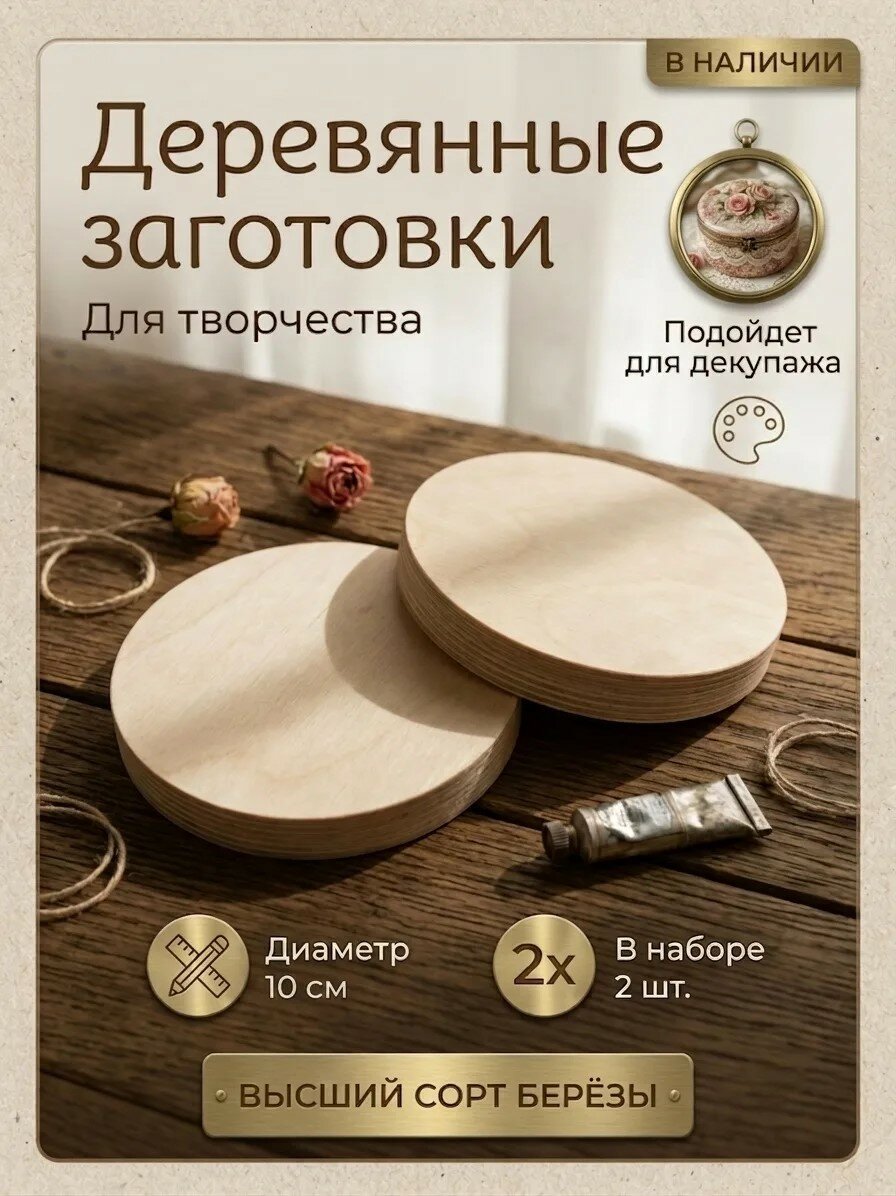 Заготовки для творчества (2 шт), круг для декорирования, подставка под горячее 10 см, толщина 18мм