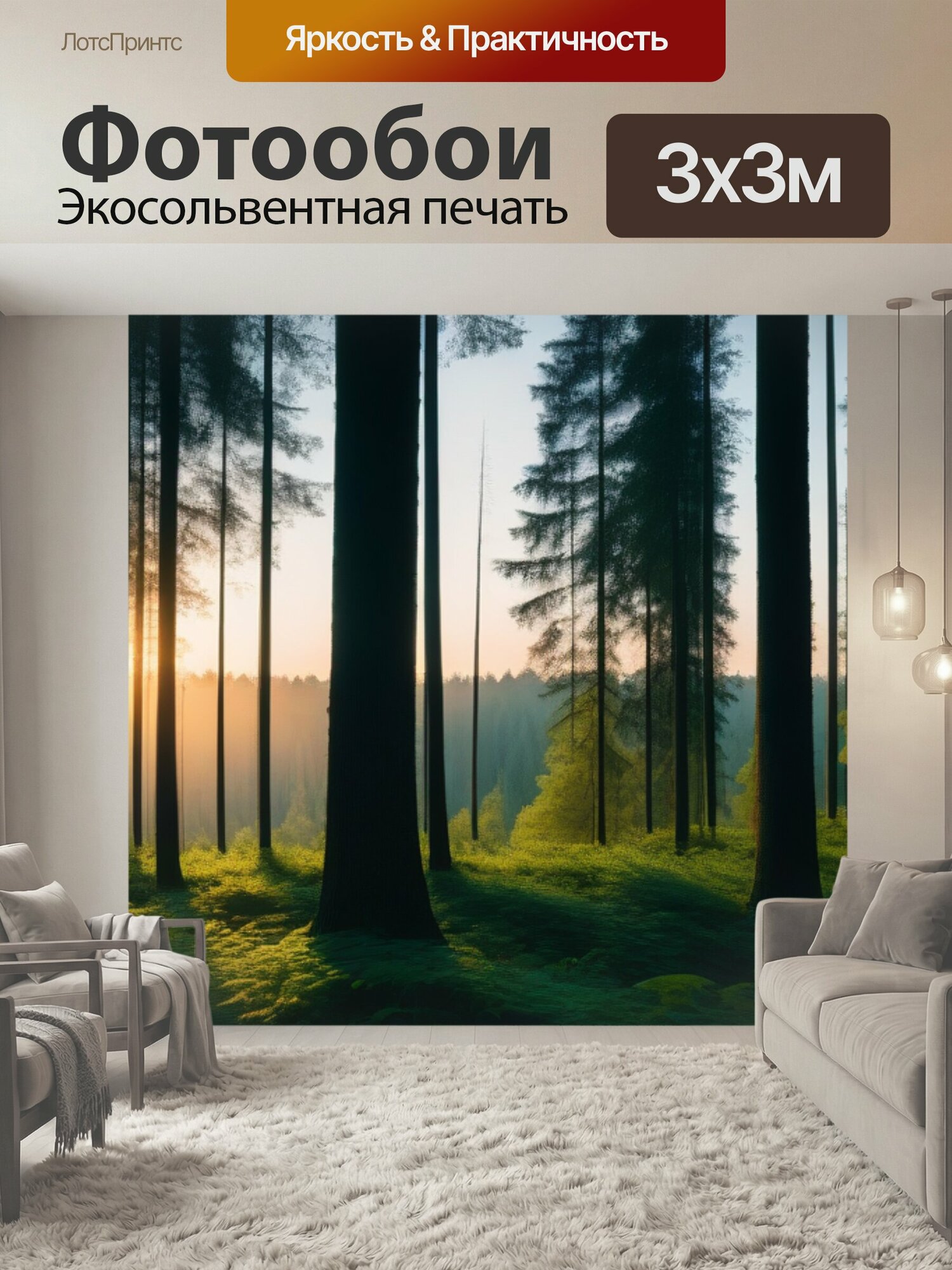 Фотообои "Солнце, поднимающееся над лесом" 300x300 см. экосольвентная печать