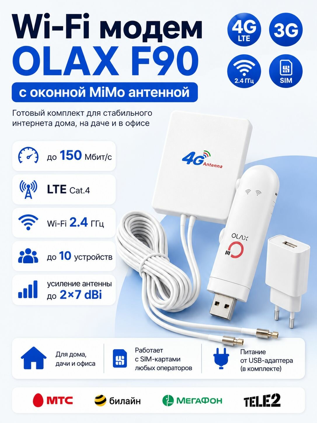 4G Модем OLAX F90 WiFi с оконной MiMo антенной и адаптером питания USB