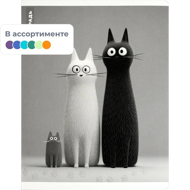 Тетрадь 48 л, клетка черно-белые коты А5+, в ассорт/70930