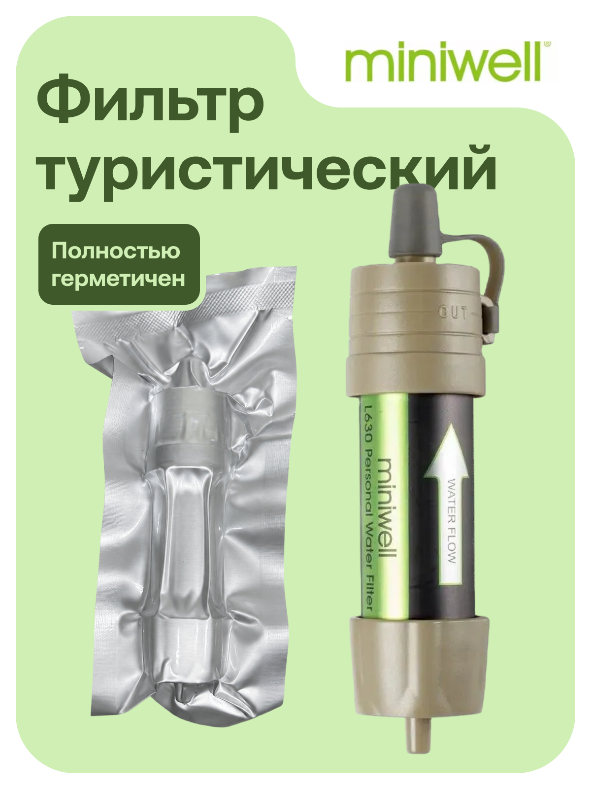 Фильтр для воды в вакуумной упаковке Miniwell L630 / туристический походный фильтр для выживания