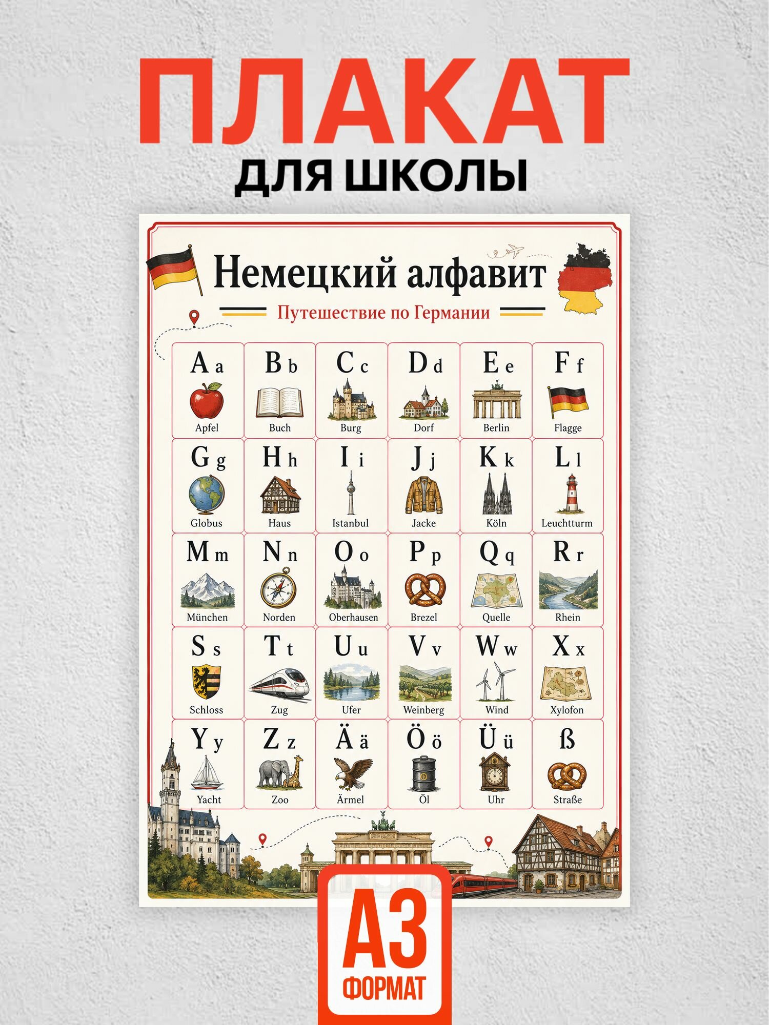 Плакат немецкий алфавит, для школы, в класс
