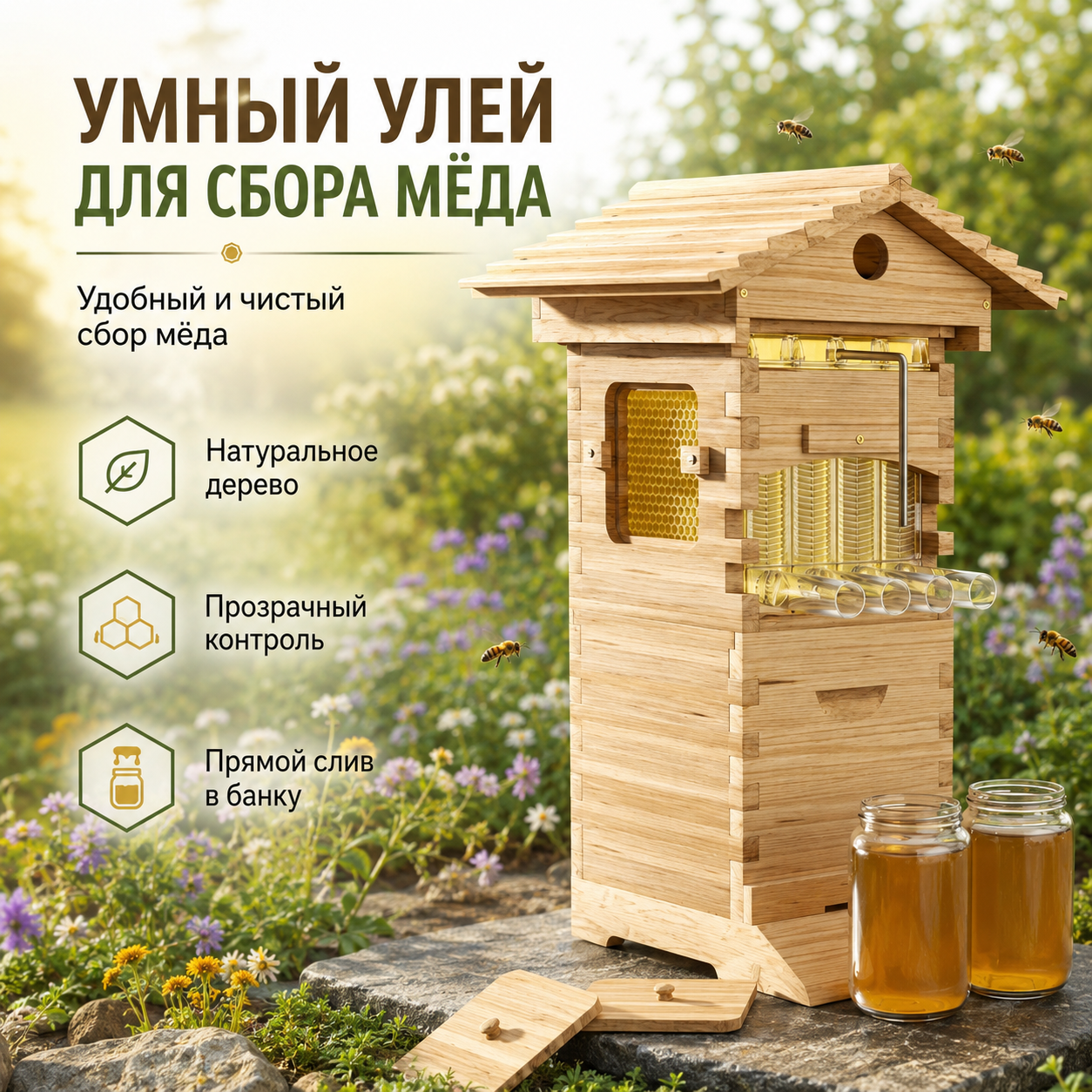 Деревянный улей с самотечным сбором меда для пчел，Автоматическая подача меда