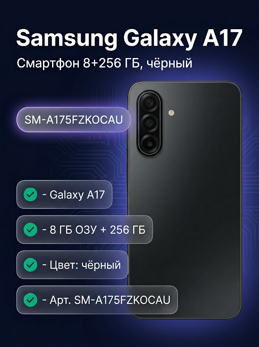 Смартфон Samsung Galaxy A17 SM-A175FZKOCAU, 8 ГБ ОЗУ, 256 ГБ накопитель, черный