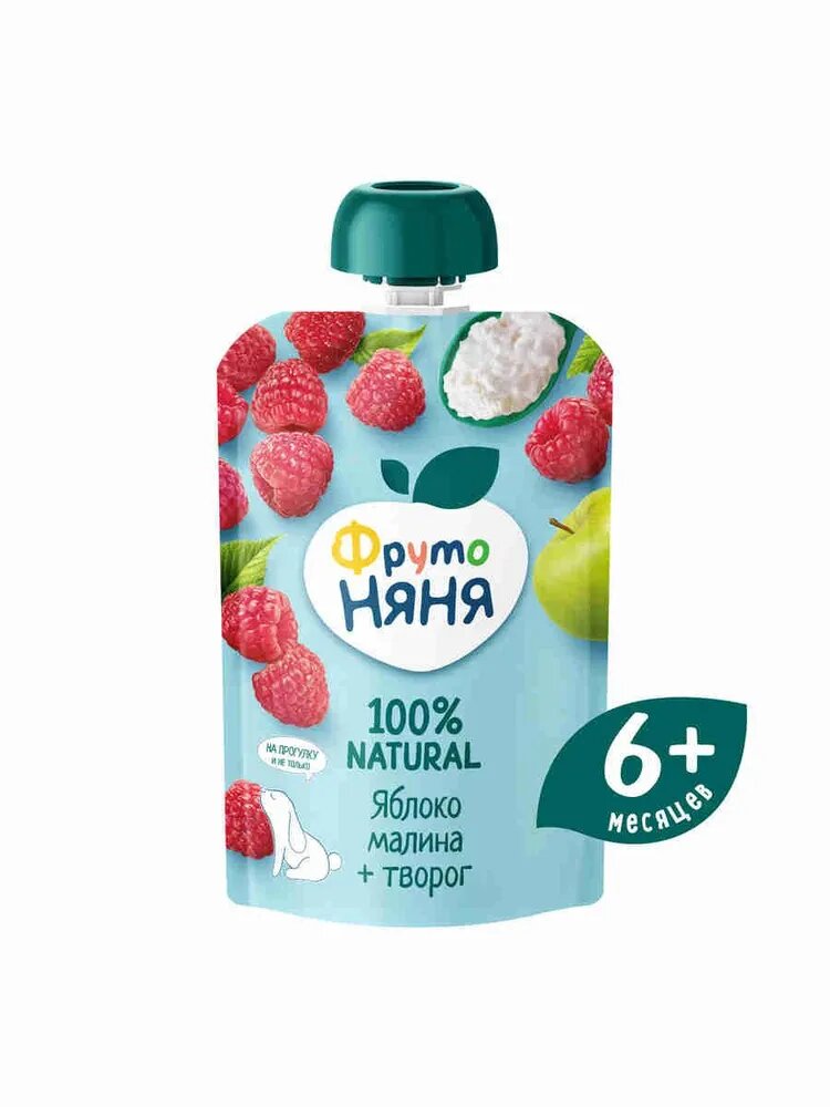 Пюре фруктовое ФрутоНяня с 6 месяцев, из яблок, малины и творога, 90 г