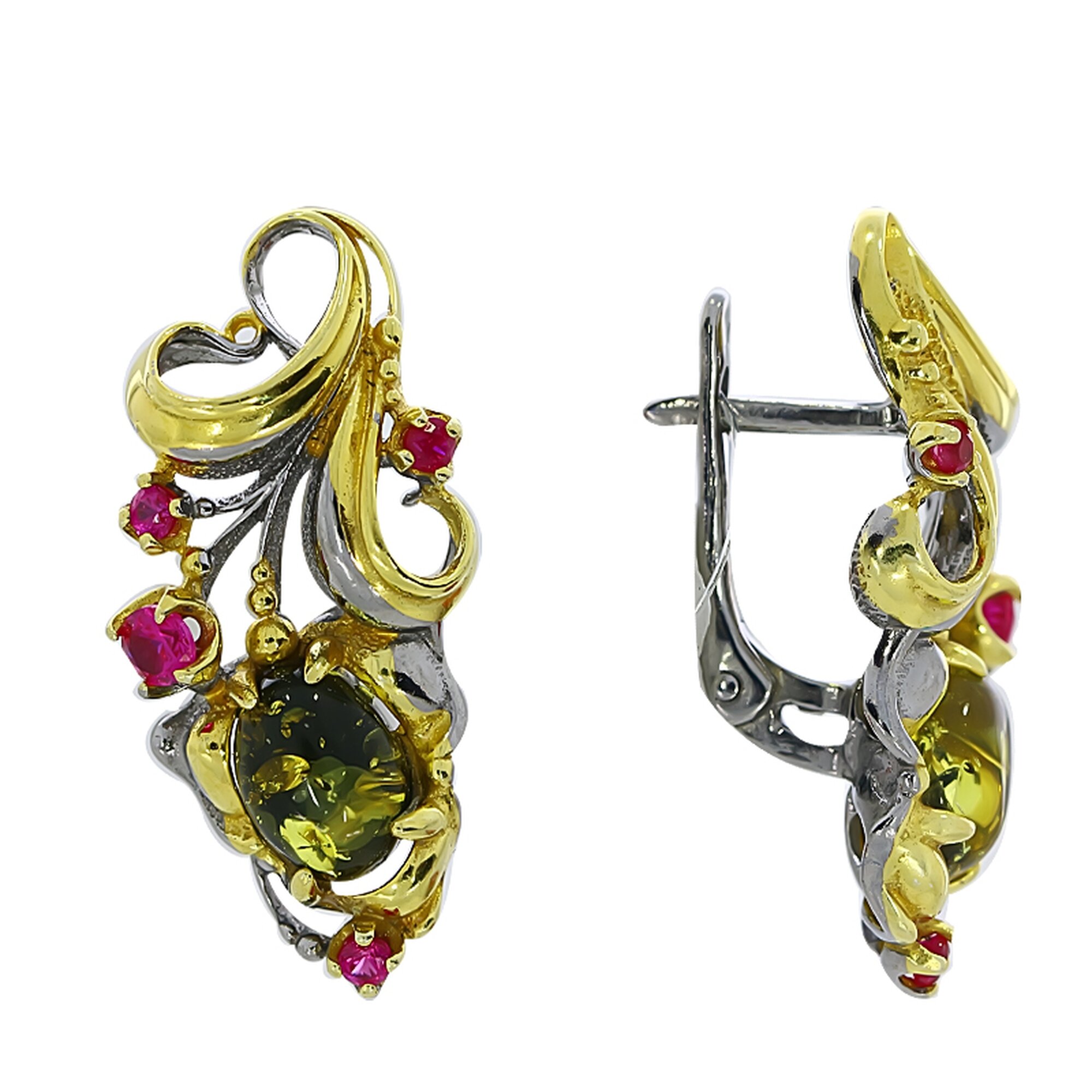 Серьги, серебро, 925 проба, золочение, янтарь, фианит