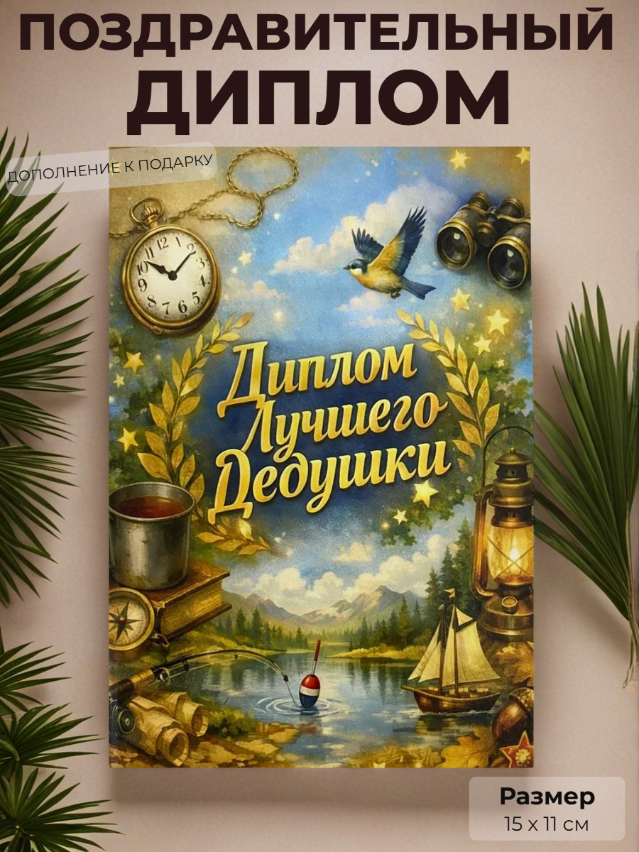 Подарочный шуточный Диплом Филькина Грамота "Самого Лучшего Дедушки", с разворотом, 15x11 см