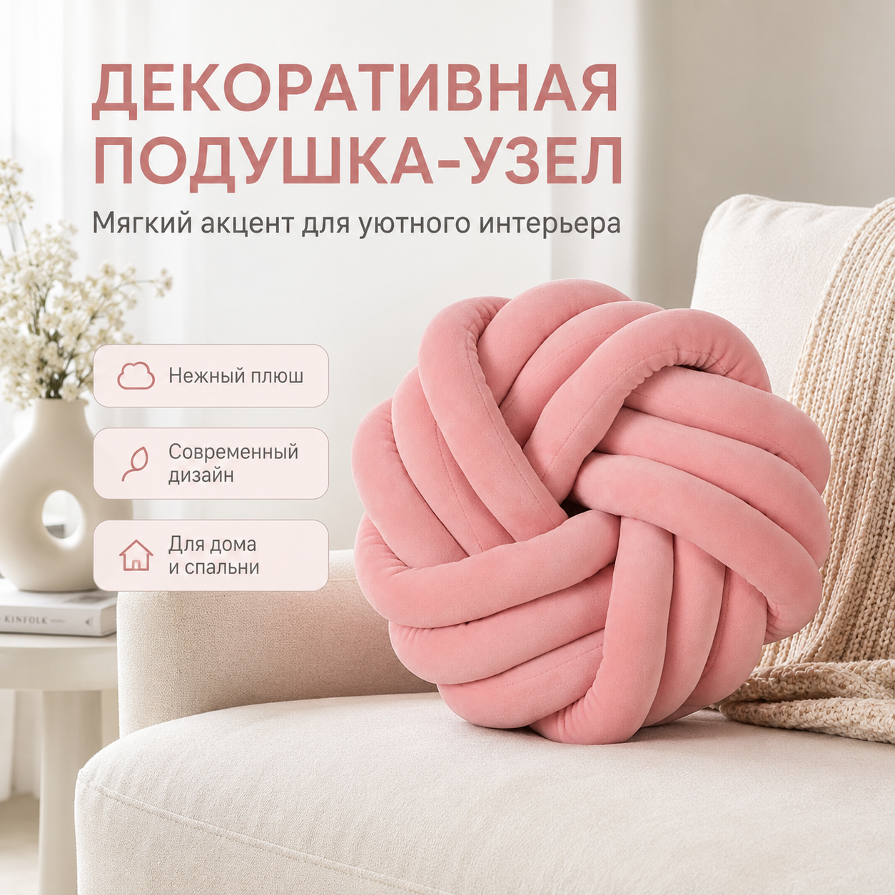 Подушка Nordic ins Twist Pillow, ручная работа, трехниточная веревка, 35x35x12 см