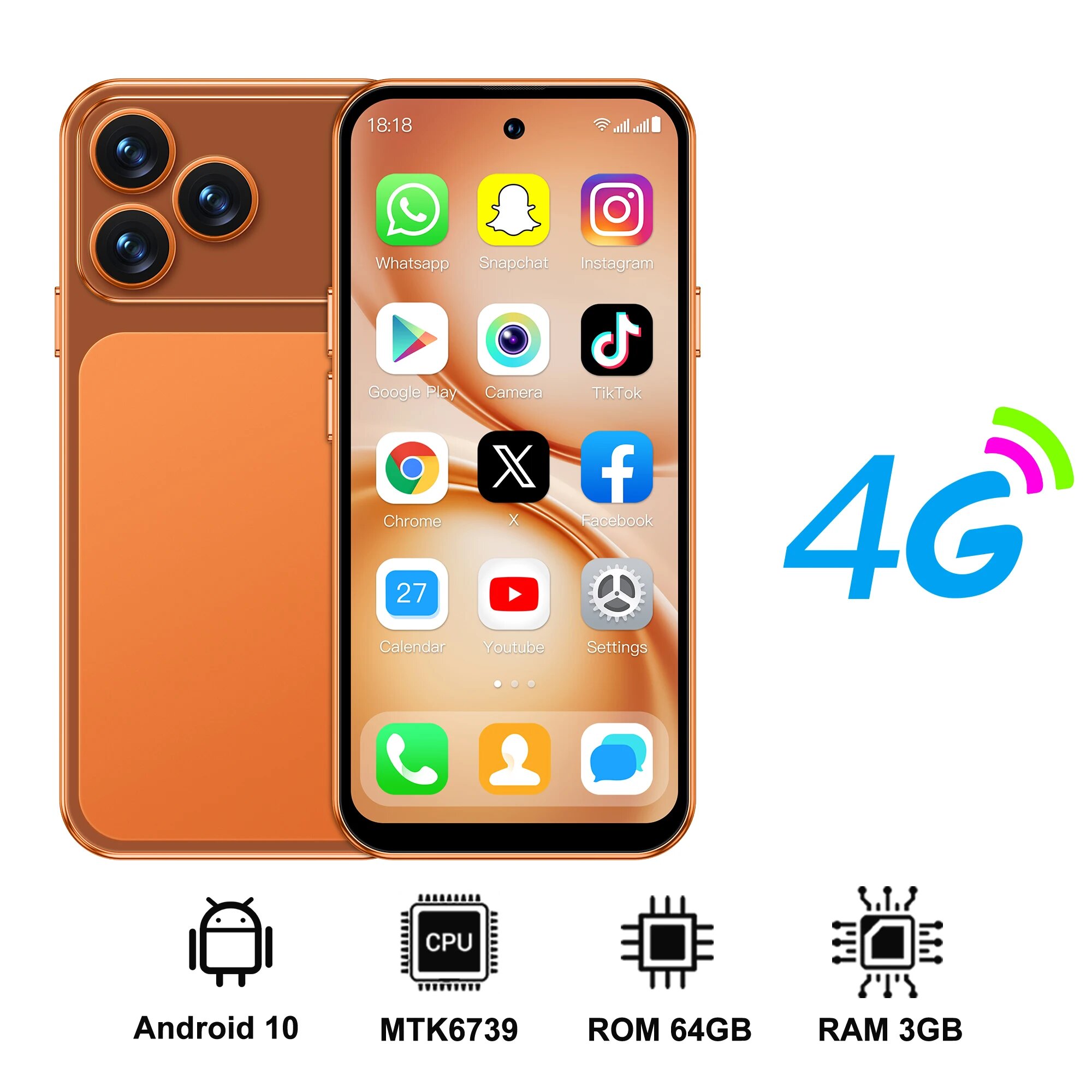 Смартфон SERVO S45 PRO, Android 10, 4G LTE, Компактный, Оранжевый, 3ГБ, 64ГБ, Orange RAM3G ROM64G