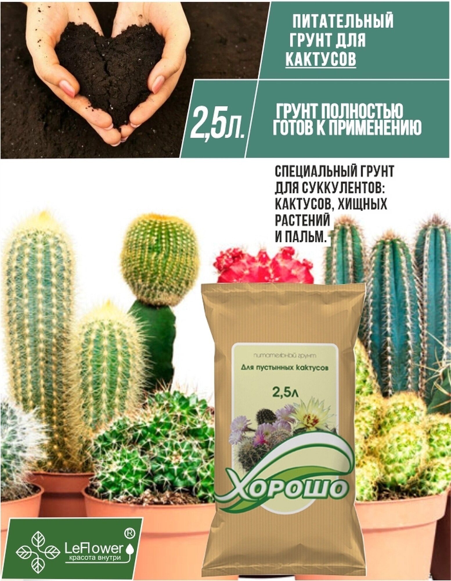 Грунт торфяной питательный "Для кактусов и суккулентов", 2,5 л