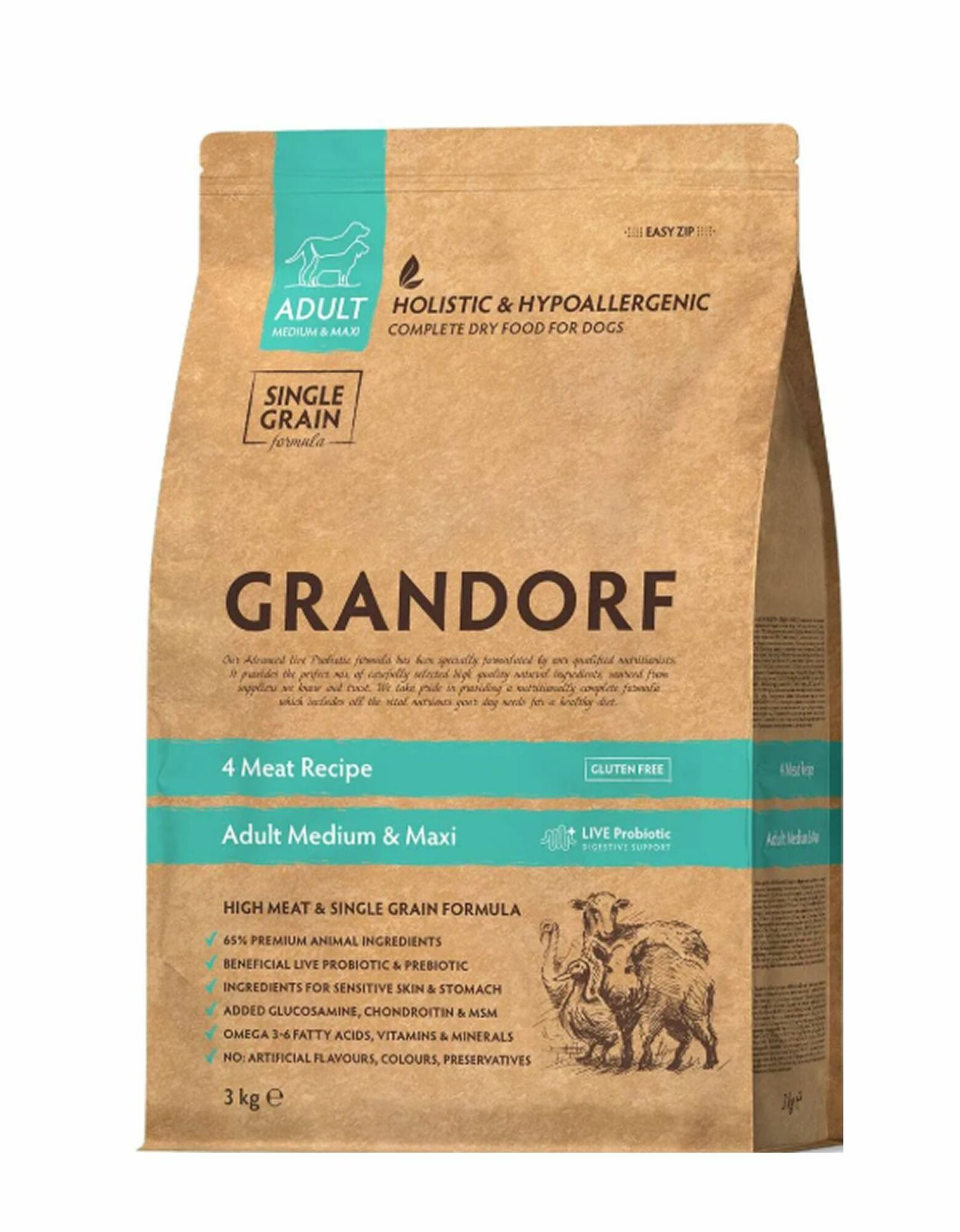 Grandorf Корм сухой 4 мяса с пробиотиками, для средних и крупных пород, 3 кг