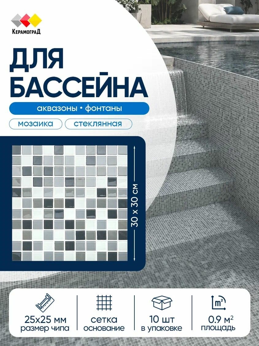 Плитка мозаика КерамограД стеклянная на сетке для бассейнов, аквазон и фонтанов, влагостойкая износостойкая, 30х30см/ 10 сеток