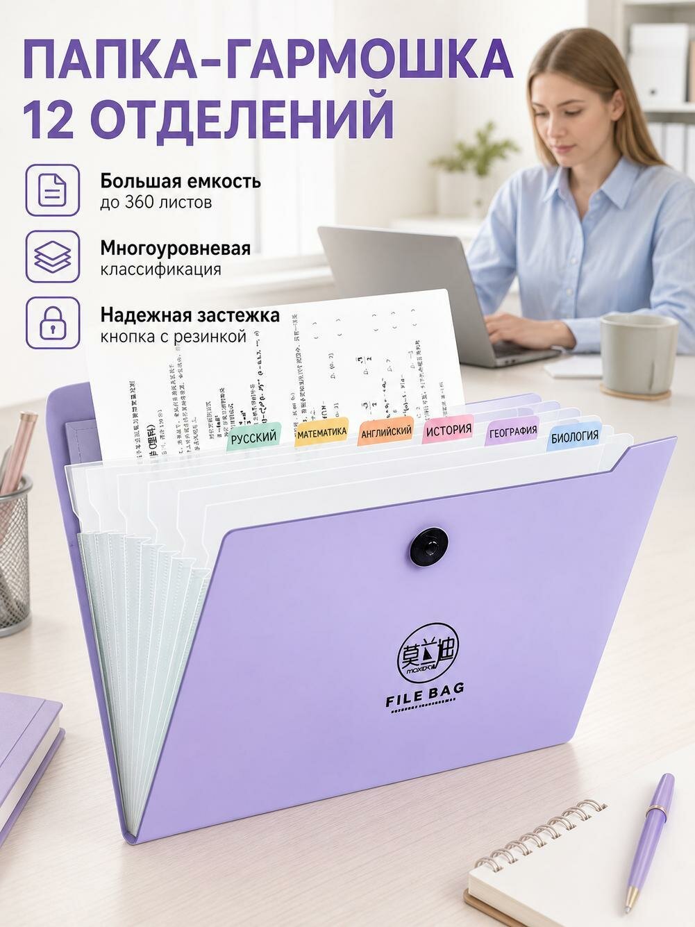 Многослойная папка-гармошка формата А4 с цветными этикетками, позволяющая студентам систематизировать экзаменационные работы по различным предметам.