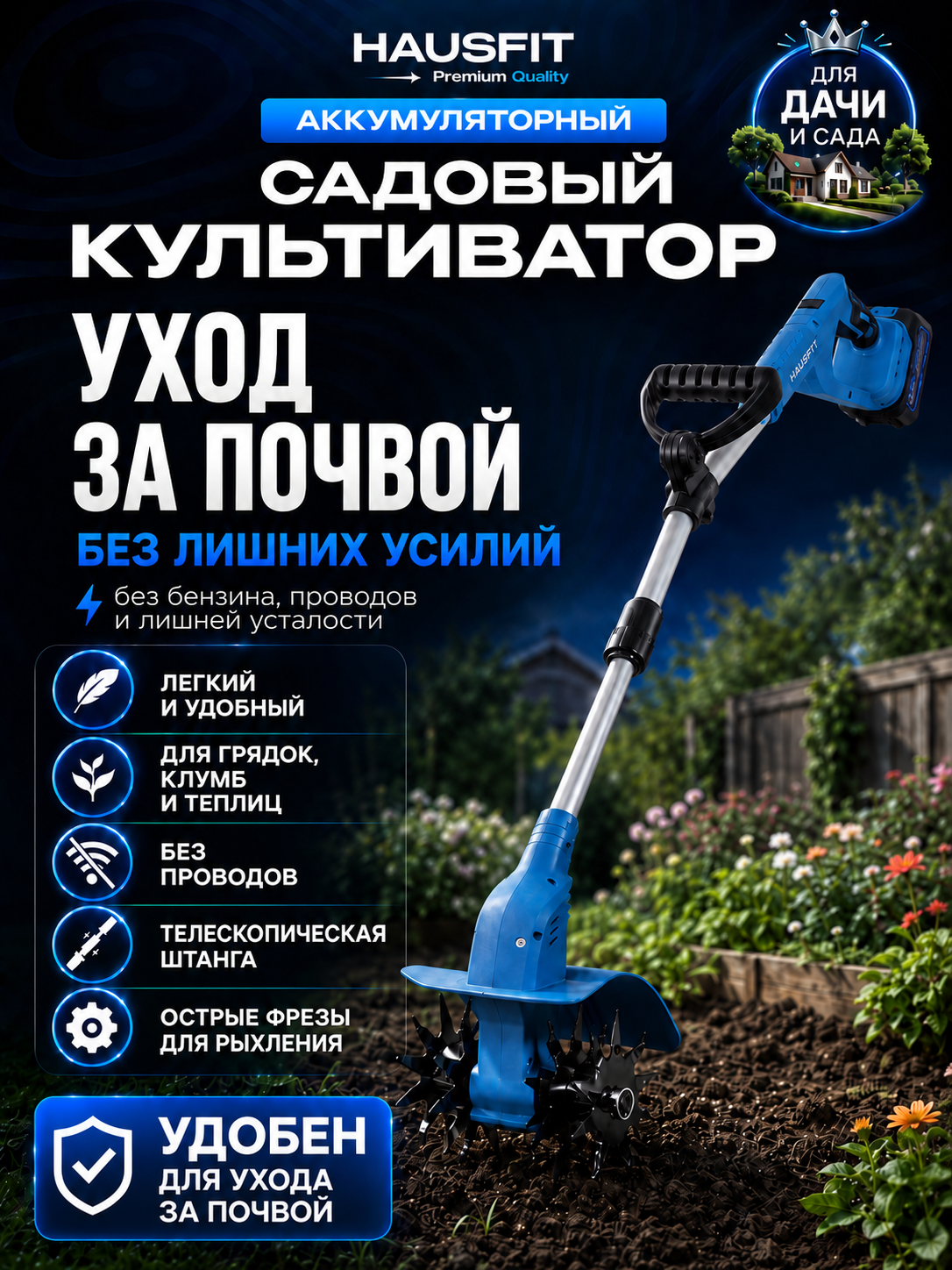 Культиватор HAUSFIT CULT, 2000 Вт, 2 аккумулятора 6000mAh, ЕVA-кейс для аксессуаров, индикатор заряда, запасные фрезы